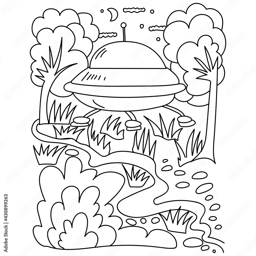UFO fantasy coloring page, spaceship in the forest and night sky, Stock ...
