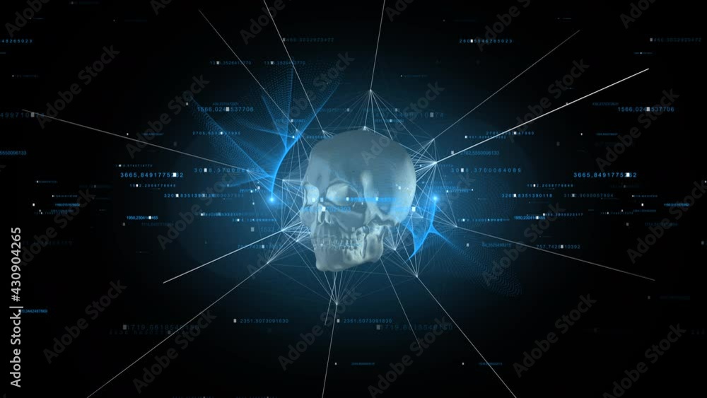 Rotation of the shining skull with particles, plexus and numbers. Stock ...