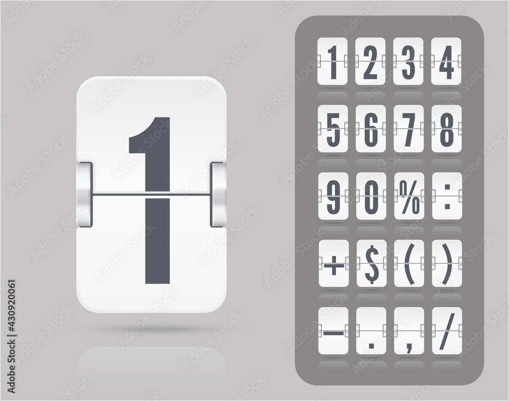 White analog flip airport board for countdown timer on grey background ...