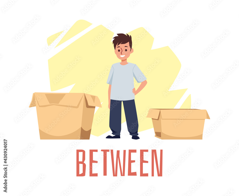 Explanation of between preposition of place, flat vector illustration ...