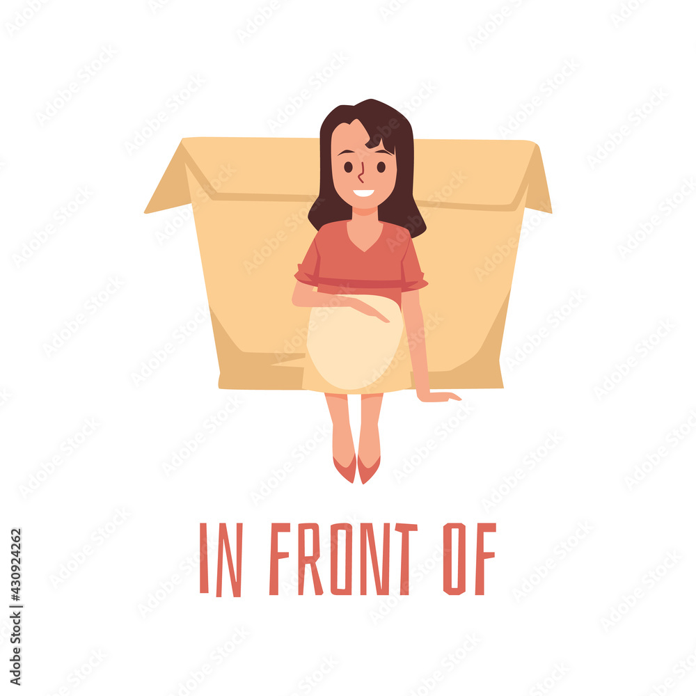 Girl kid using box for demonstrating of position preposition place in ...