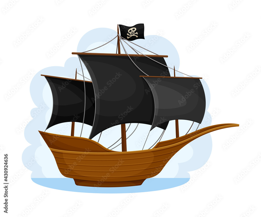 Pirate Ship with Black Sails and Square Rigged Mast Navigating Upon ...