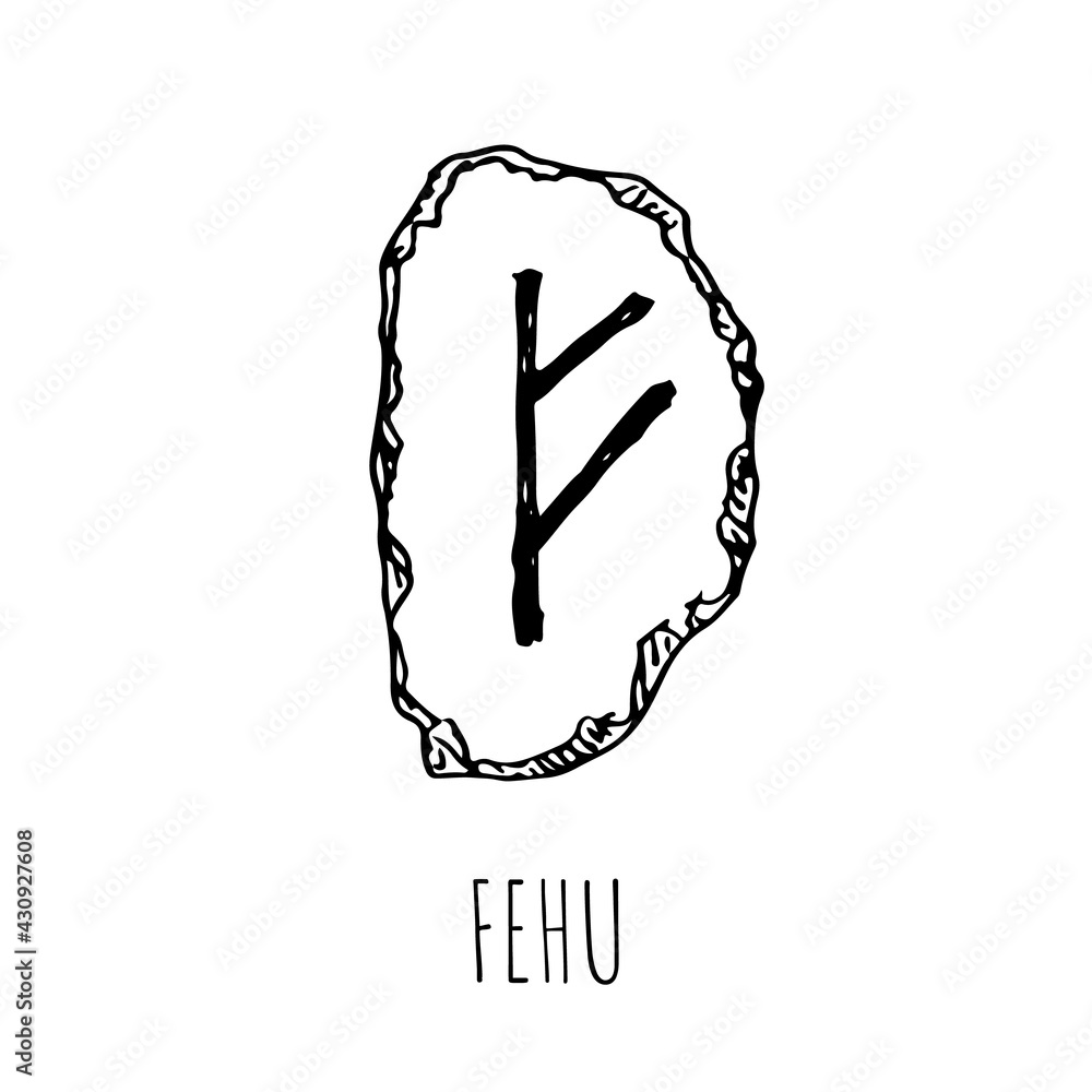 Fehu rune written on a stone. Vector illustration. Isolated on white ...