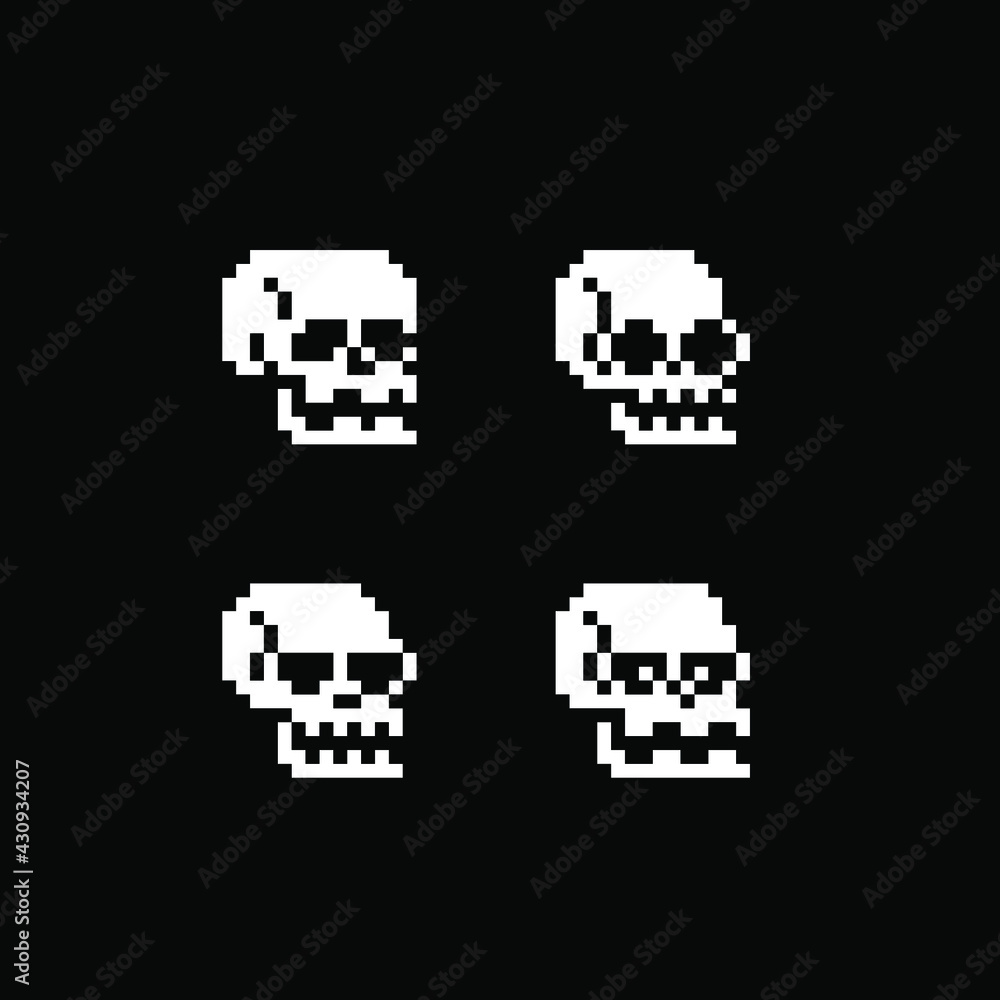Vecteur Stock Human skull pixel art icons set, isolated on white ...