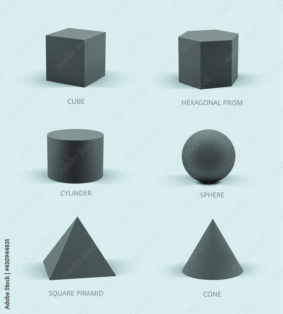 Basic 3D geometric shapes collection with names. Vector realistic ...