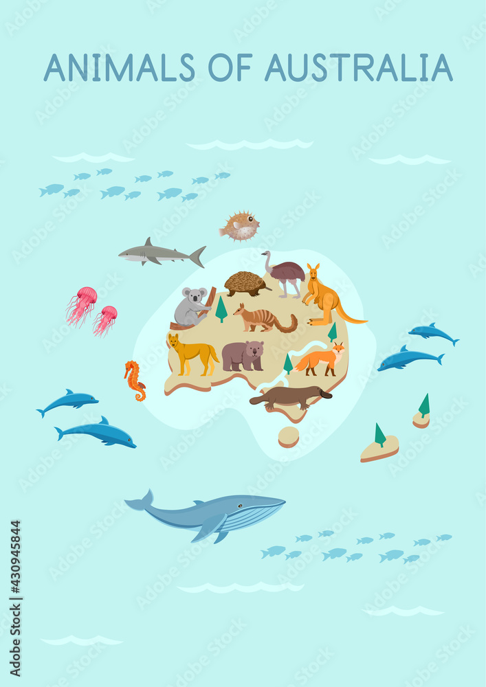 Animals of Australia map: kangaroo, koala, platypus, echidna, dingo dog ...