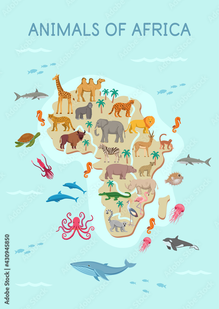 Animals of Africa map:hyena, giraffe, zebra, elephant, crocodile ...