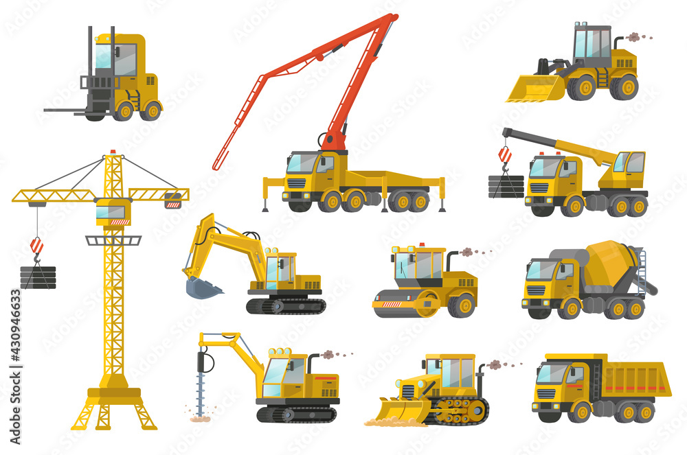 Construction equipment set. Construction site transport, truck ...