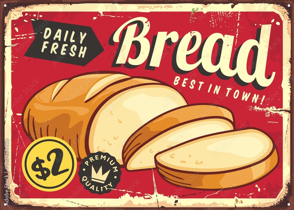 Bread daily fresh, retro horizontal poster design. Vintage sign with ...