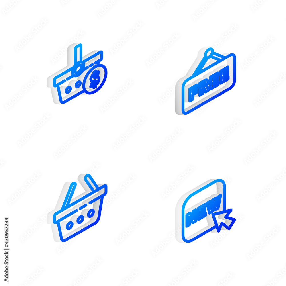 Set Isometric line Price tag with text Free, Shopping basket and dollar ...