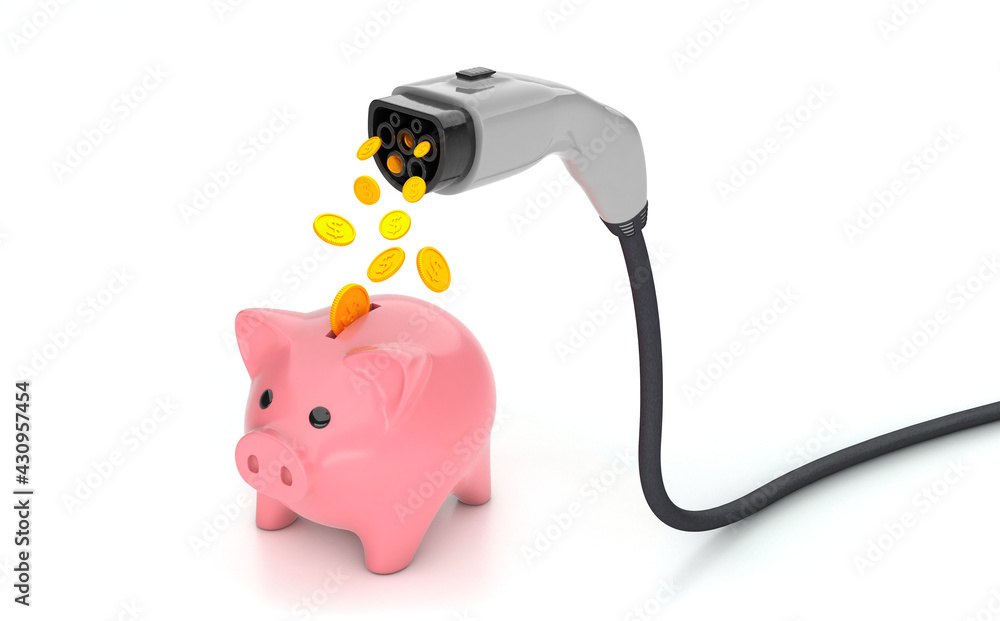 Coins fall into the piggy bank from the plug for charging electric car ...