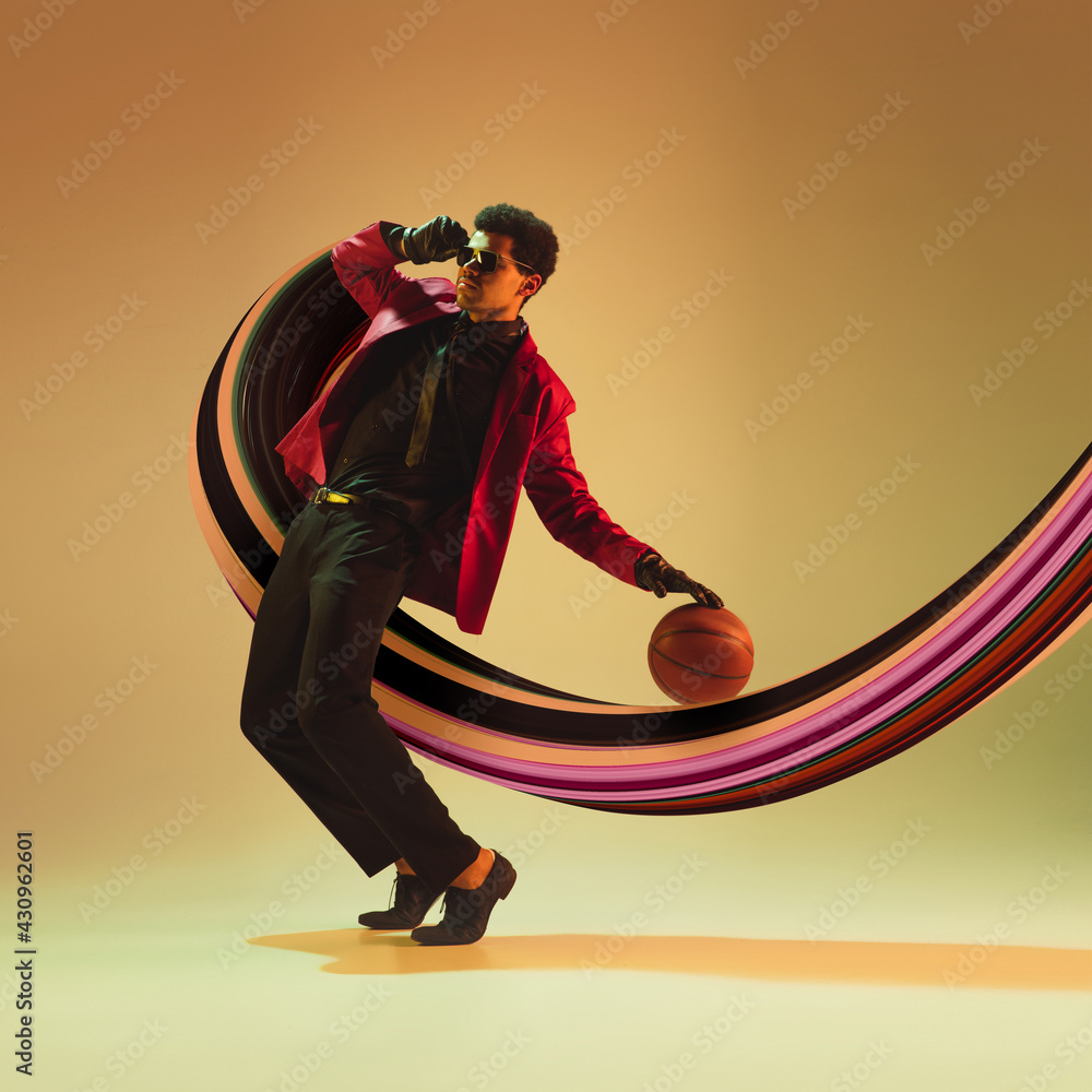 Beautiful basketball player with long fluid flood on gradient ...