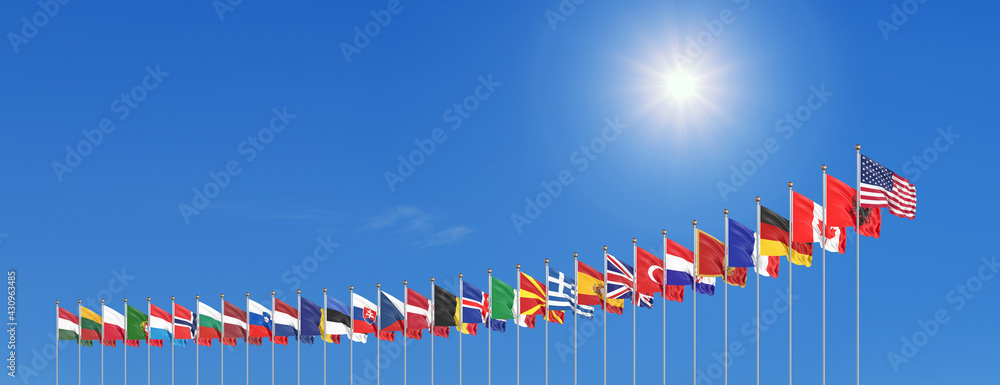 The 30 waving Flags of NATO Countries - North Atlantic Treaty. Isolated ...