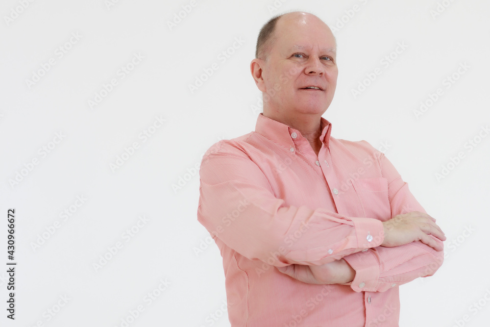 Portrait of One fat caucasian adult businessman bald head and standing ...