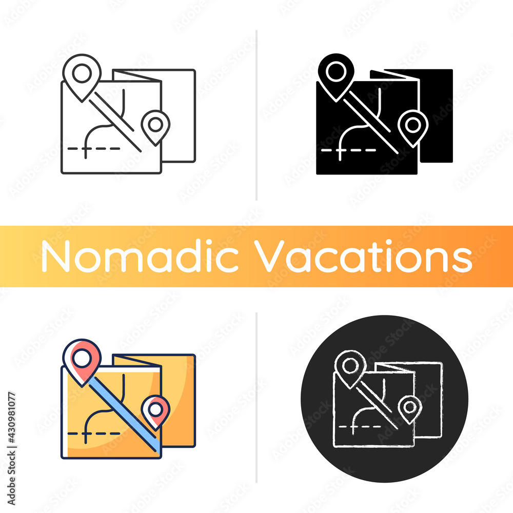 Nomadic tour icon. Roadtrip planning. Map with gps pins for touring ...