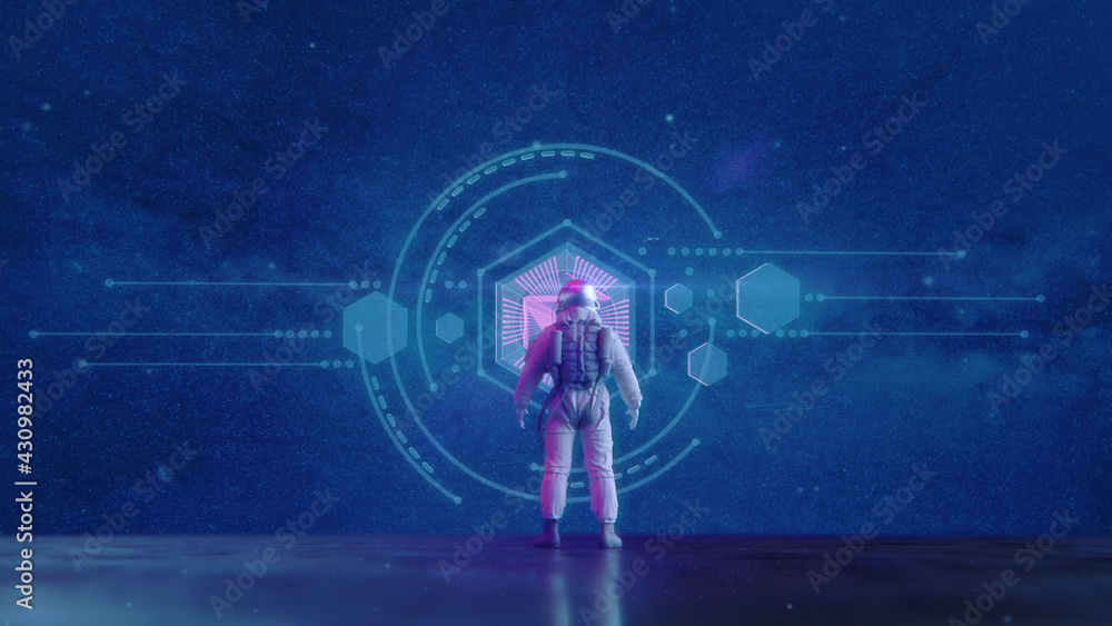 Astronaut in virtual space with abstract navigation display ...