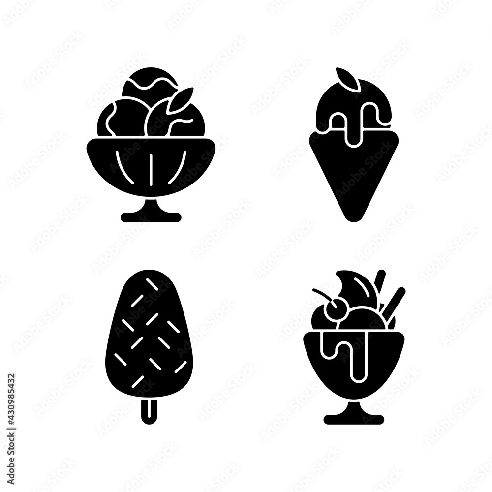 Ice cream varieties black glyph icons set on white space. Sorbet ...