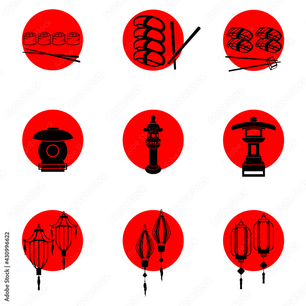 Set of icons in the Japanese style on the background of the sun ...