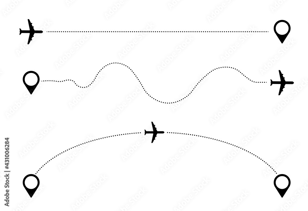air travel pictograms with destination marker symbol and plane icon ...