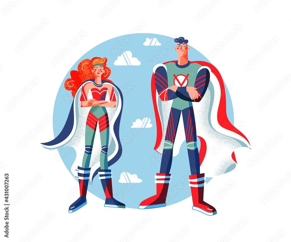 Two superheroes in costume with arms crossed. Superwoman and man with ...