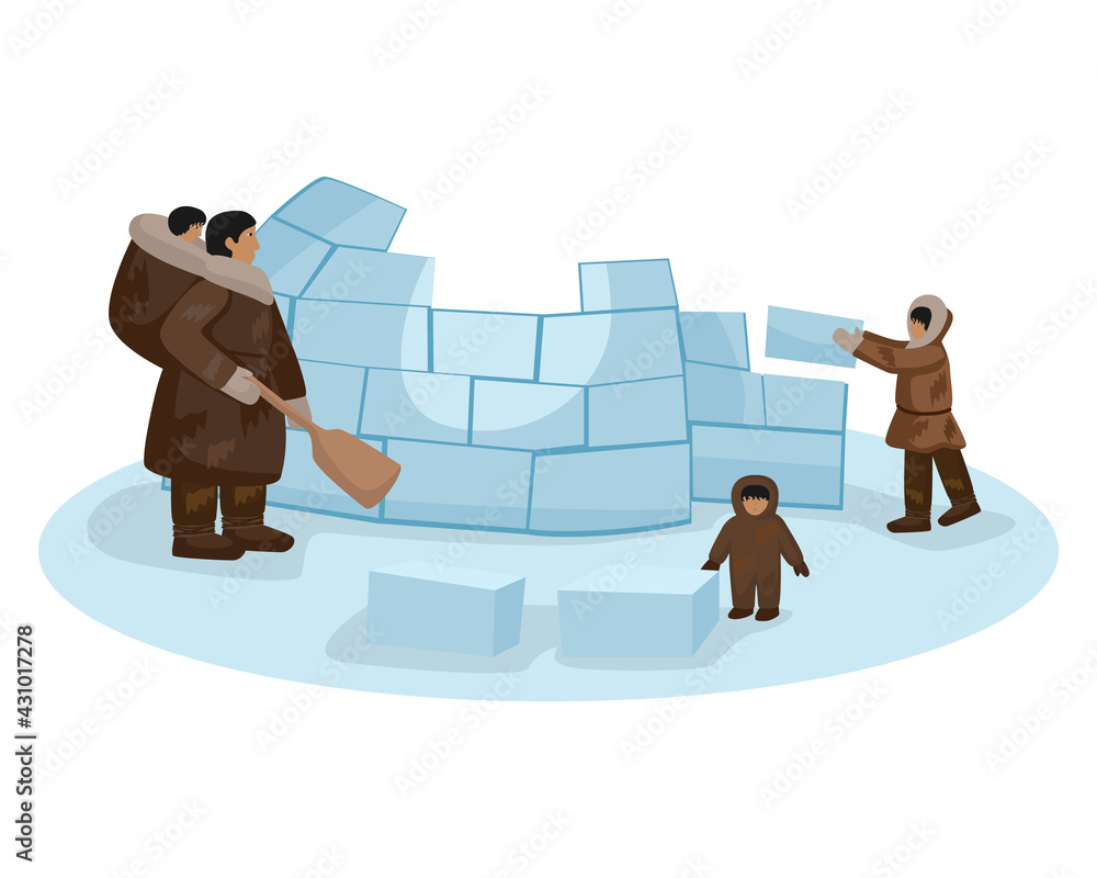 Composition Traditional family Eskimo constructing igloo from ice cubes ...