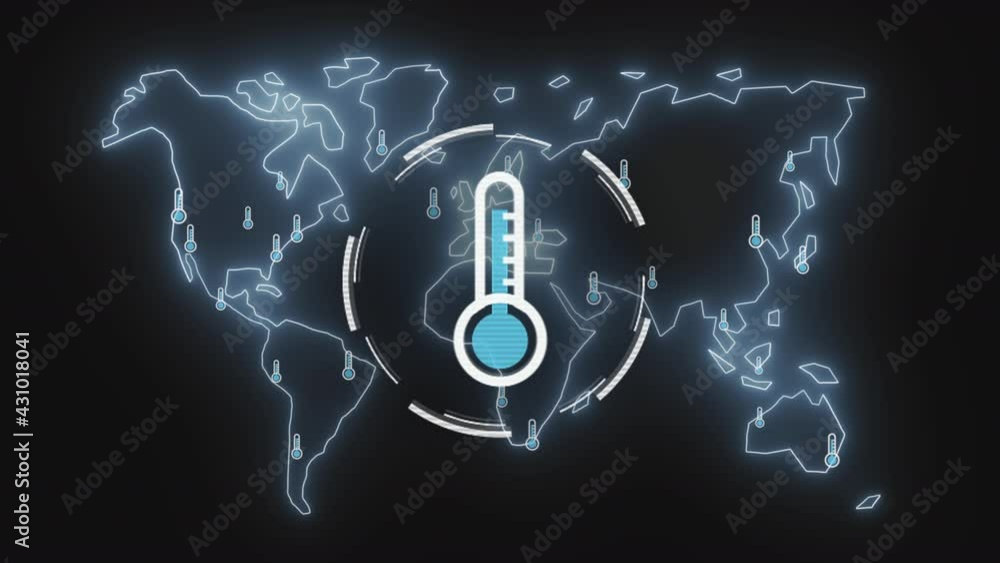 Digital world map with thermometer display. Global warming, climate ...