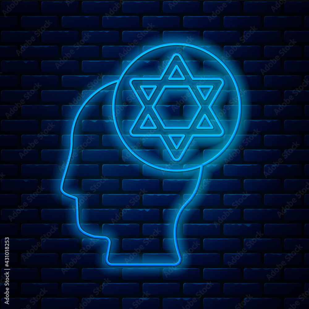 Glowing neon line Orthodox jewish hat icon isolated on brick wall ...