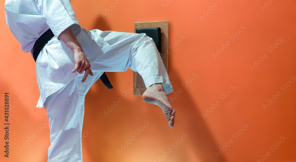 Hombre pegando patada de karate a material deportivo Stock Photo ...