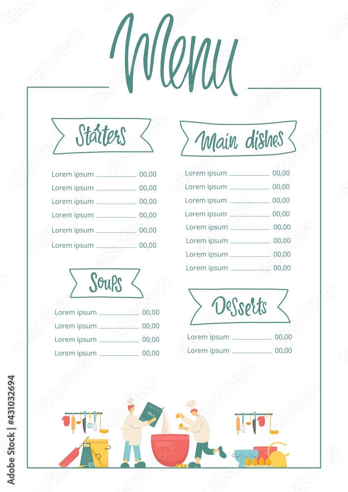 Menu handwritten sign with ribbon - starters, soups, main dishes ...