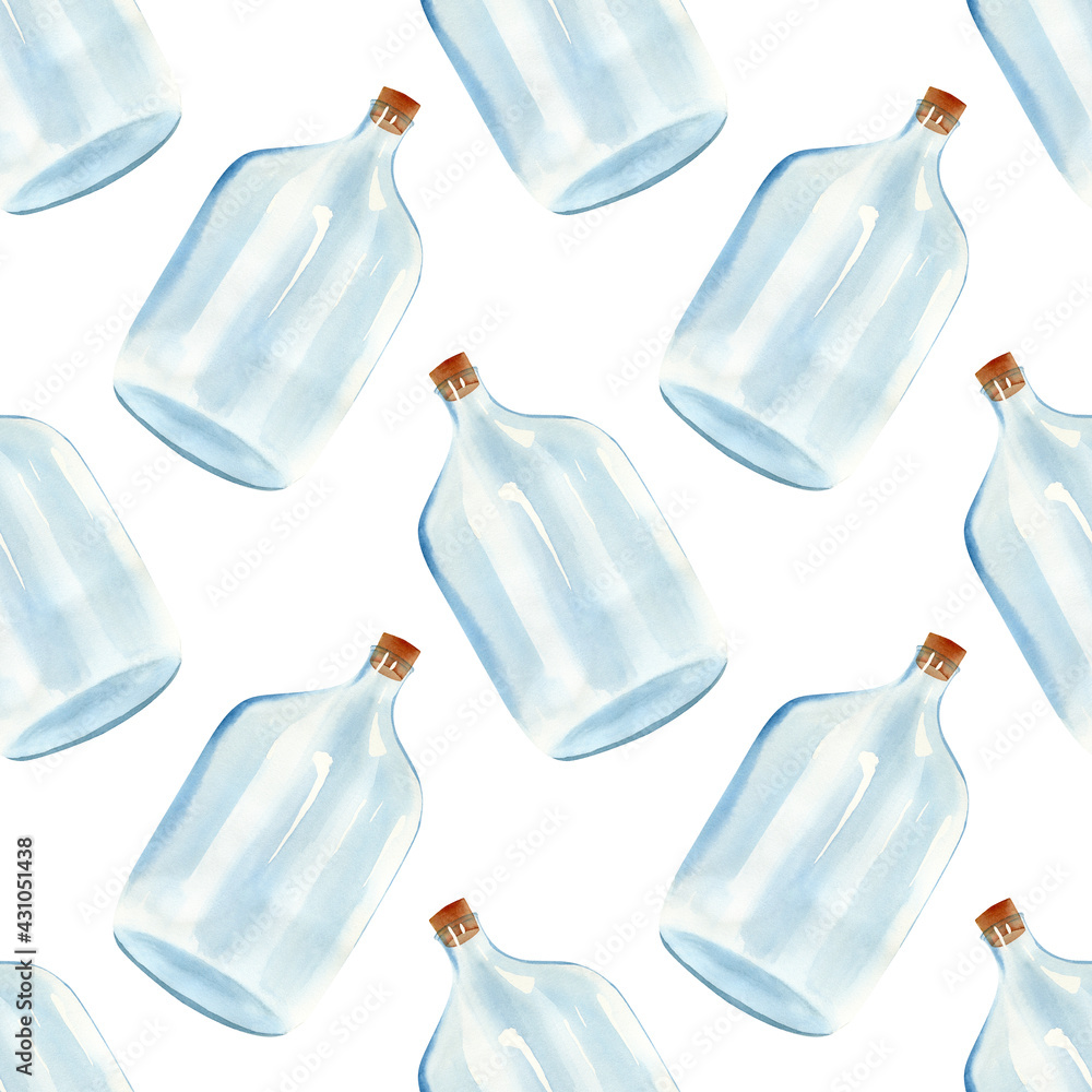 Seamless pattern with glass bottle. Watercolor painting with empty blue ...