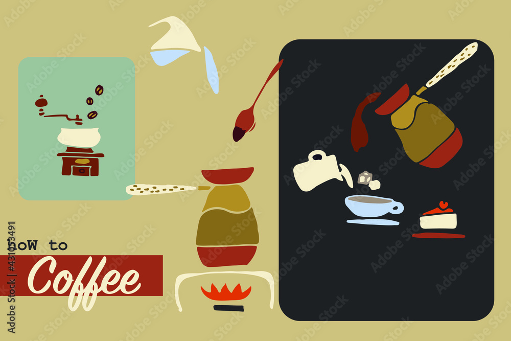 How to coffee cartoon vector illustration. Instruction How to cook ...
