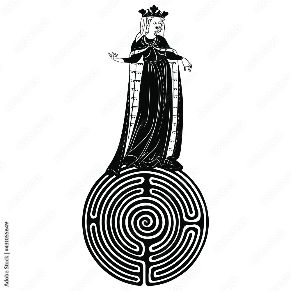 Beautiful medieval woman in royal crown standing on round spiral maze ...