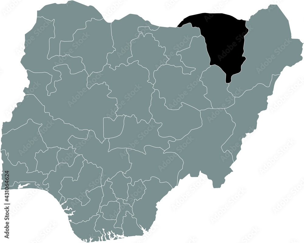 Black highlighted location map of the Nigerian Yobe state inside gray map of the Republic of ...