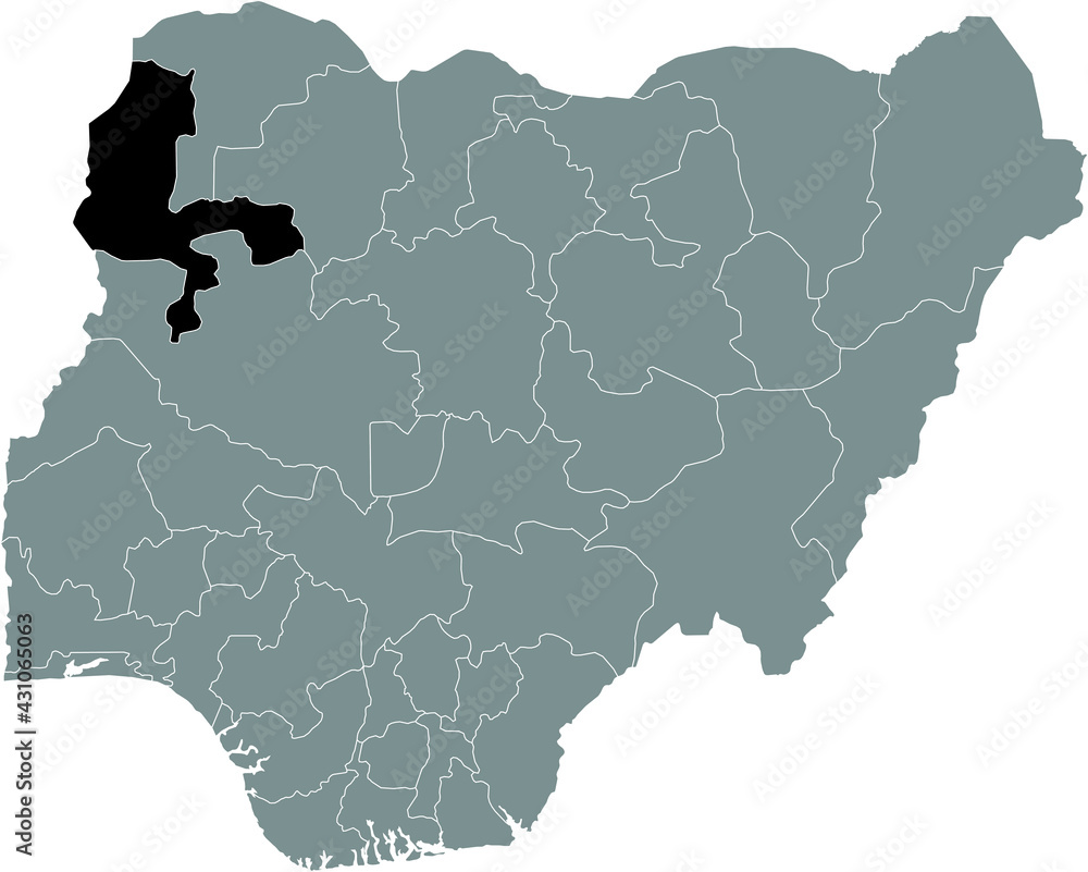 Black highlighted location map of the Nigerian Kebbi state inside gray ...