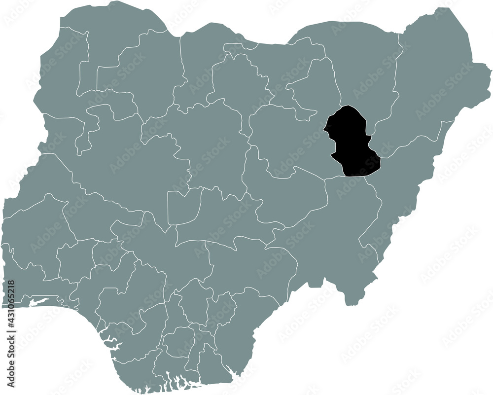 Black highlighted location map of the Nigerian Gombe state inside gray ...