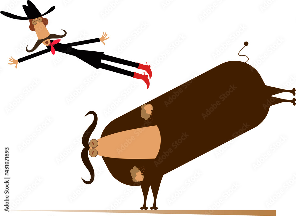Man or cowboy falls from the bull illustration. Comic man or cowboy in ...