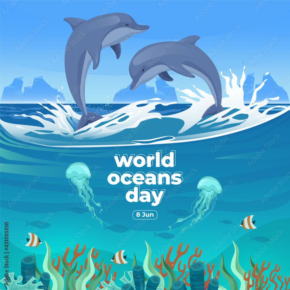 World oceans day 8 June. Save our ocean. Dolphin and fish were swimming ...