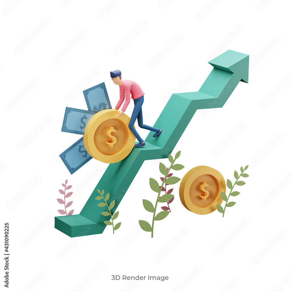 3d render illustration of business investment concept. dollar pile coin ...