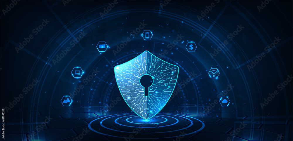 Protection from hacker and virus attack. Security shield icon digital ...