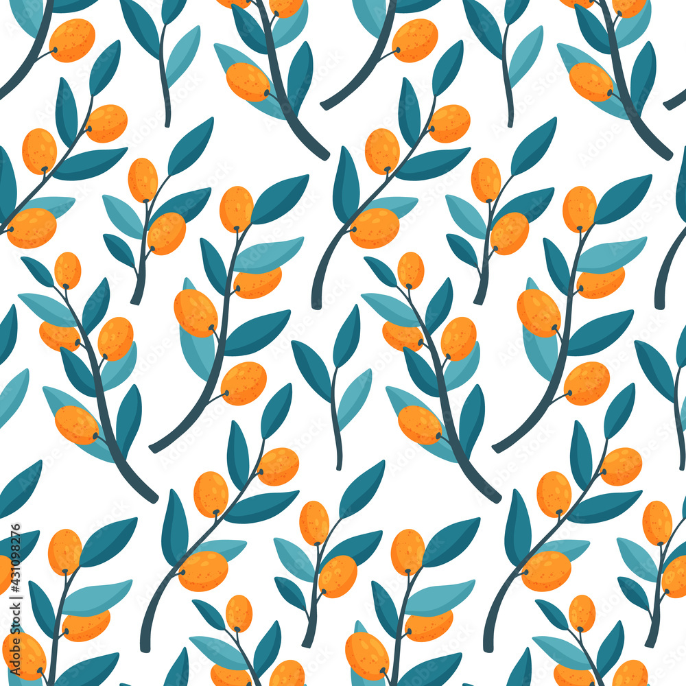 Seamless pattern with orange fruits and leaves. Fresh citrus. Exotical ...