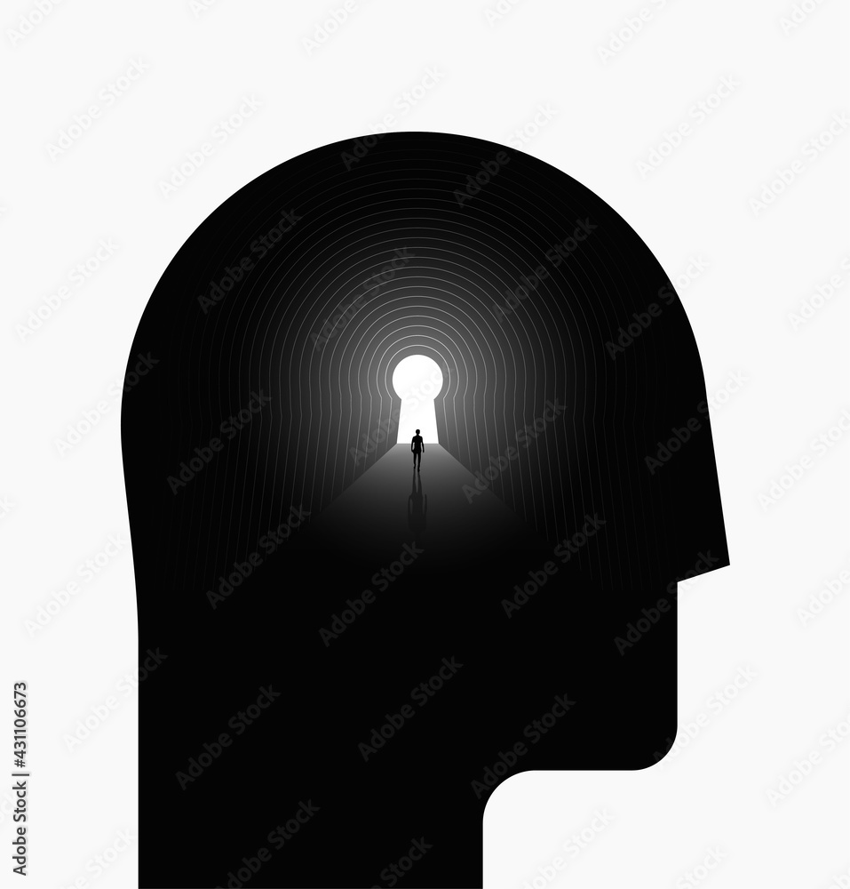 Inner world or inner space psychologic concept with black human head ...
