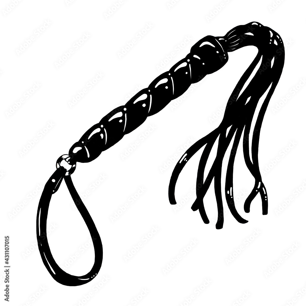 BDSM hand drawn flogger whip. Isolated on white background. Black and ...