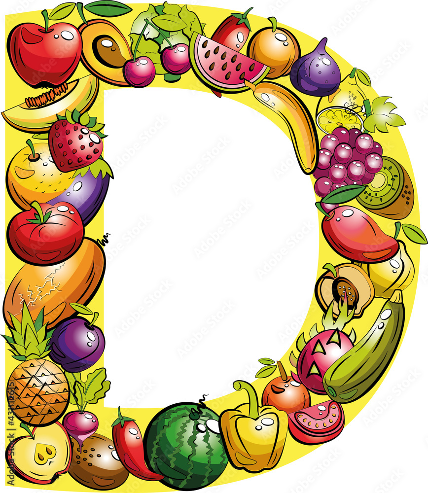 letter D. Fruit letters. Collage of colored fruits and vegetables on ...