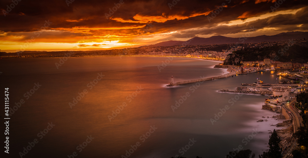 Nice, côte d'azur, Cannes, coucher de soleil, ciel, plage, soleil ...