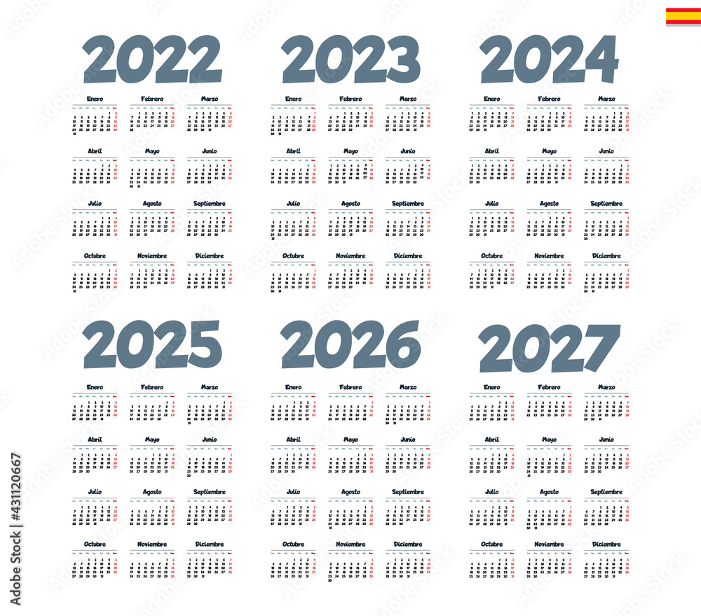Spanish calendar 2022, 2023, 2024, 2025, 2026, 2027 on white background ...