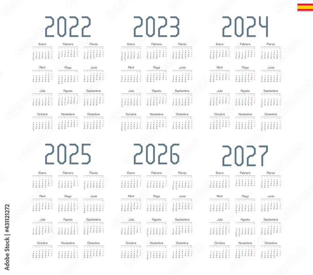 Spanish calendar 2022, 2023, 2024, 2025, 2026, 2027 on white background ...