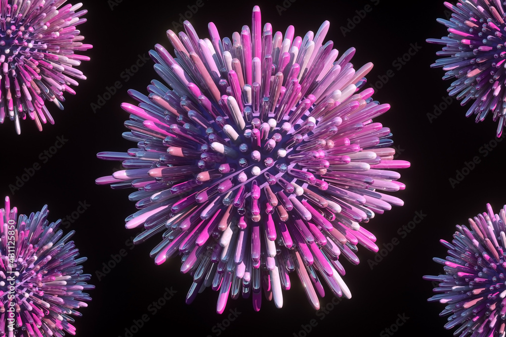 Pink balls, spheres with not sharp spikes around it on black background ...