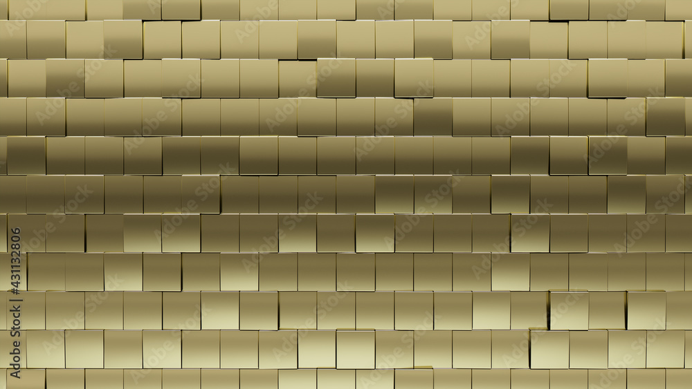 Square, Polished Mosaic Tiles arranged in the shape of a wall. Gold ...