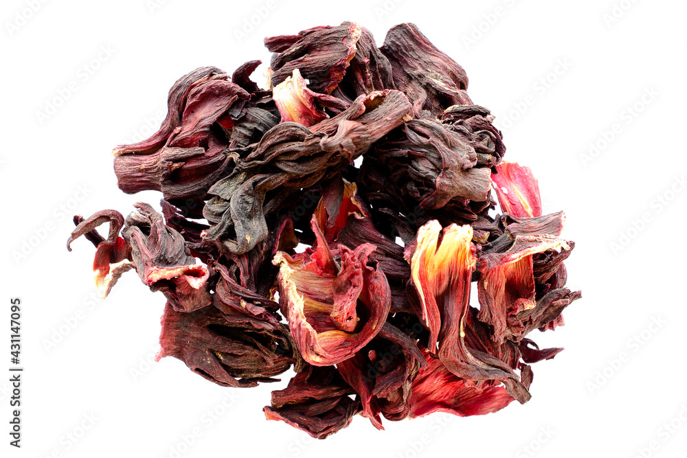 Pile of dried karkade flowers isolated on white background, top view ...