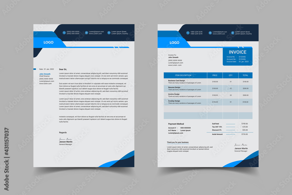 blue color business letterhead and business invoice design in eps ...